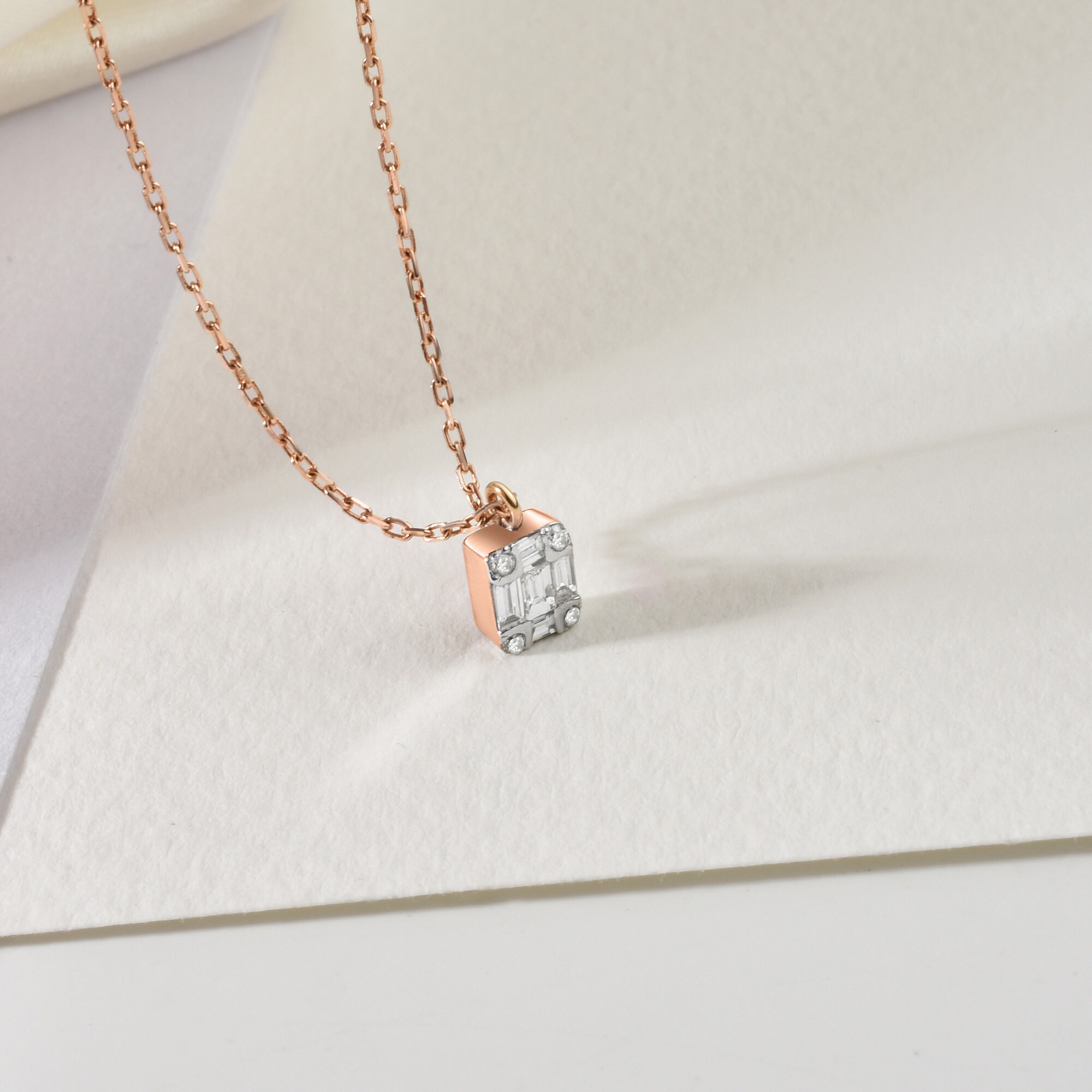 Baguette Diamond Necklace 14K Solid Gold, Cluster Diamond Necklace ...