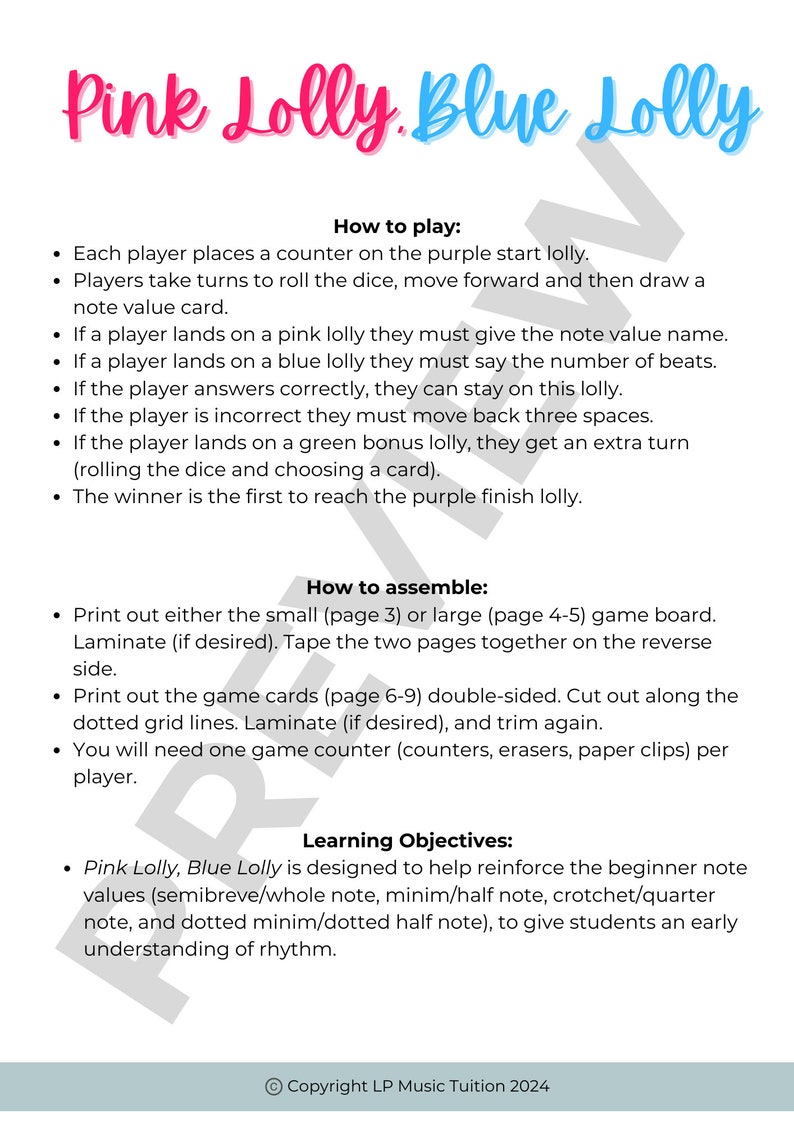 Pink Lolly, Blue Lolly - Beginner Music Theory / Piano / Rhythm Game - Etsy