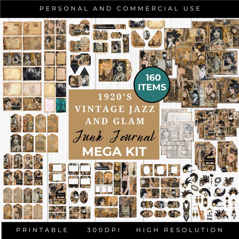 1920s Vintage Jazz Glam Junk Journal Cards, Printable Ephemera, Flapper ...