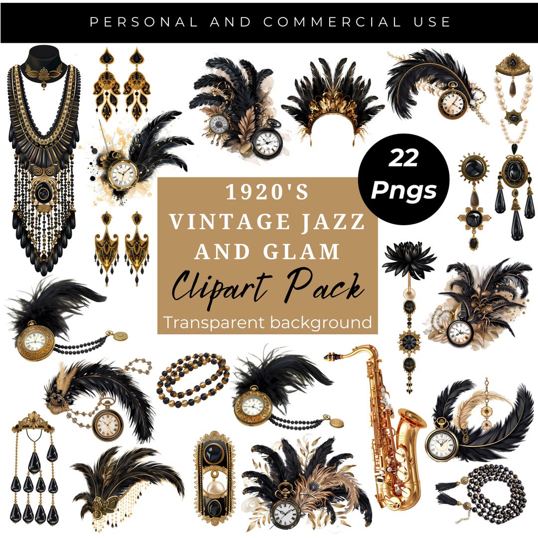 1920s Vintage Jazz Glam Clipart, Clip Art, Black and Gold, Flapper ...