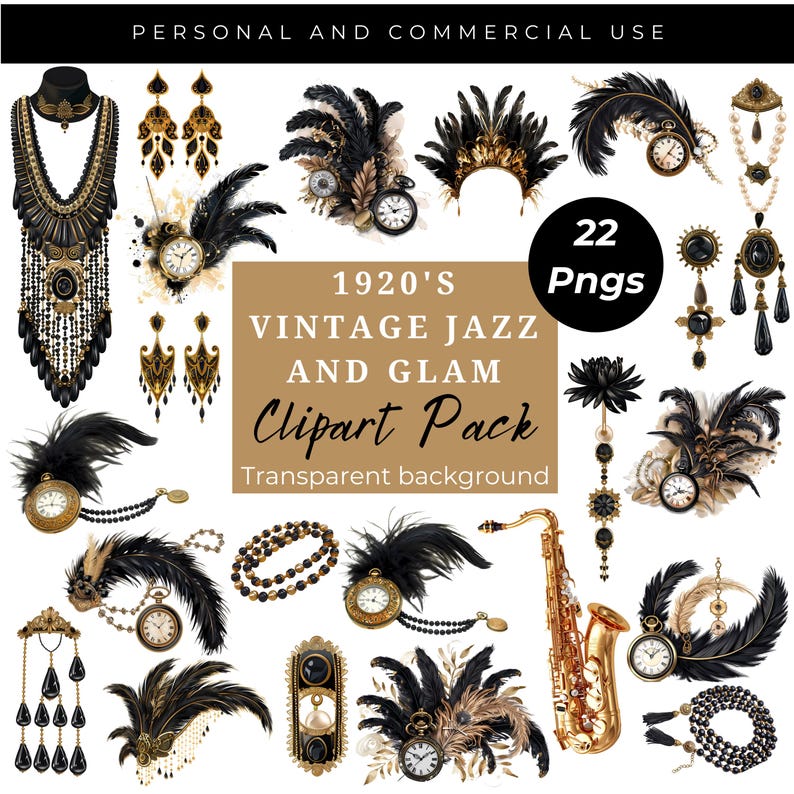 1920s Vintage Jazz Glam Clipart, Clip Art, Black and Gold, Flapper ...