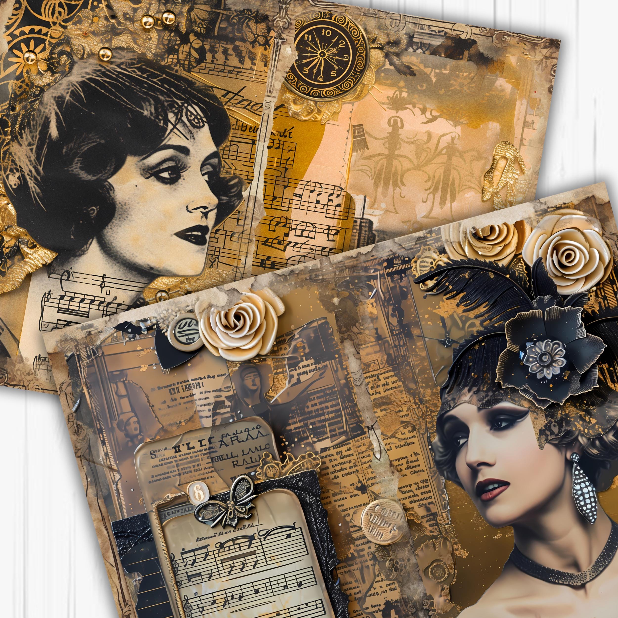 1920s Vintage Jazz Glam Junk Journal Paper, Black and Gold, Flapper ...