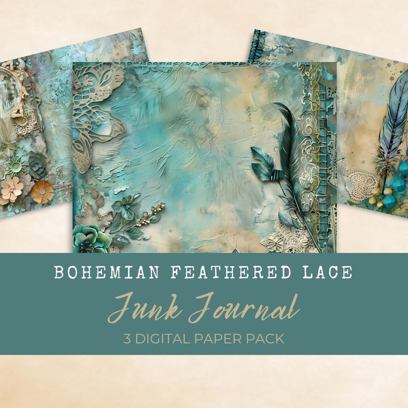 Bohemian Feathered Lace Junk Journal Papers, Digital Journal Pages ...
