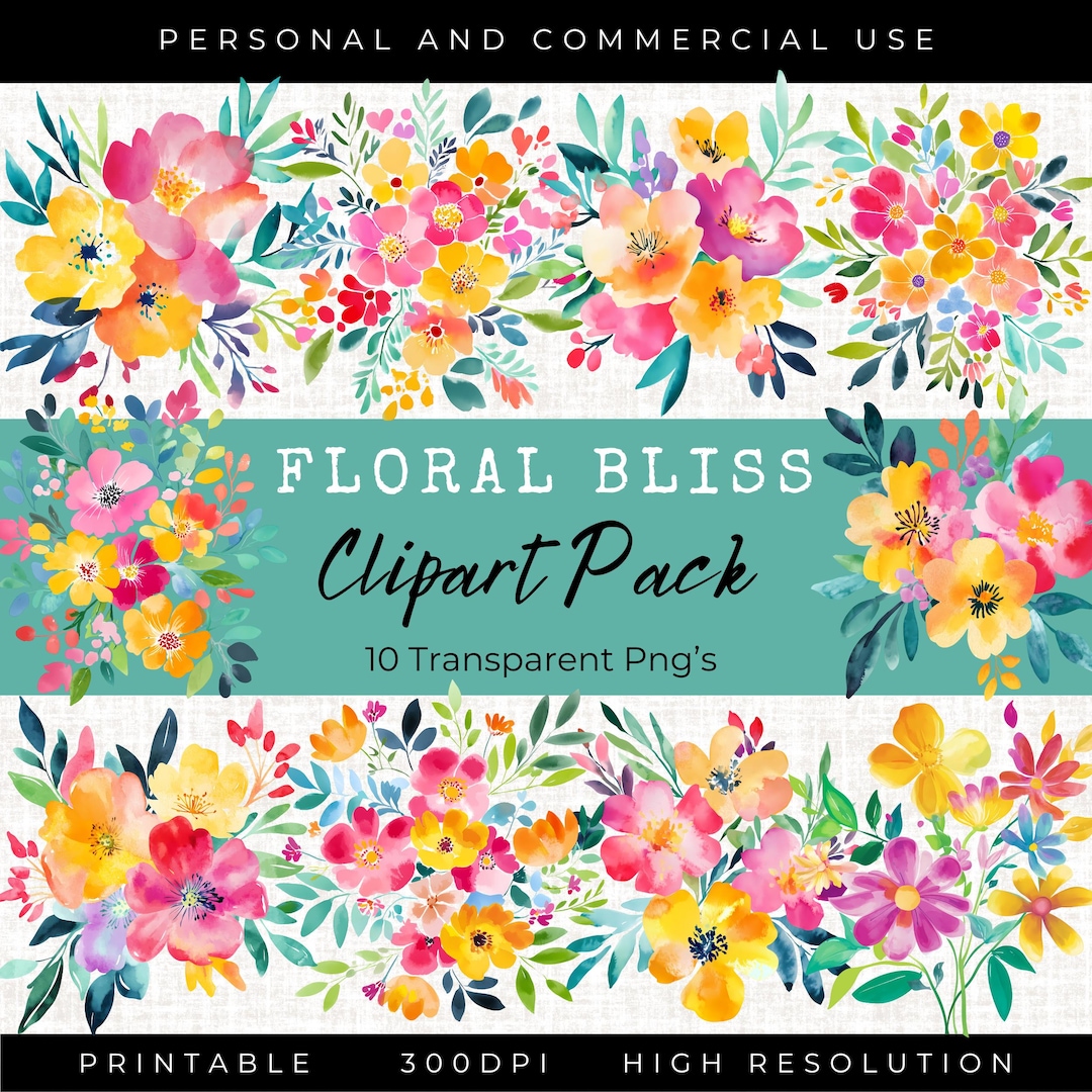 Floral Bliss Clipart Pack, Bright Watercolor Flower Bouquets, Printable ...