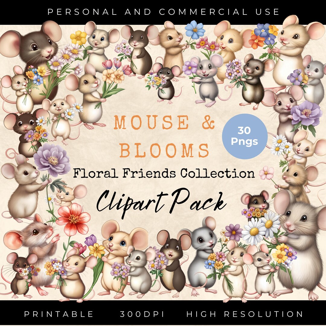Mouse and Flower Clipart, High Quality Pngs, Digital Download, Card ...
