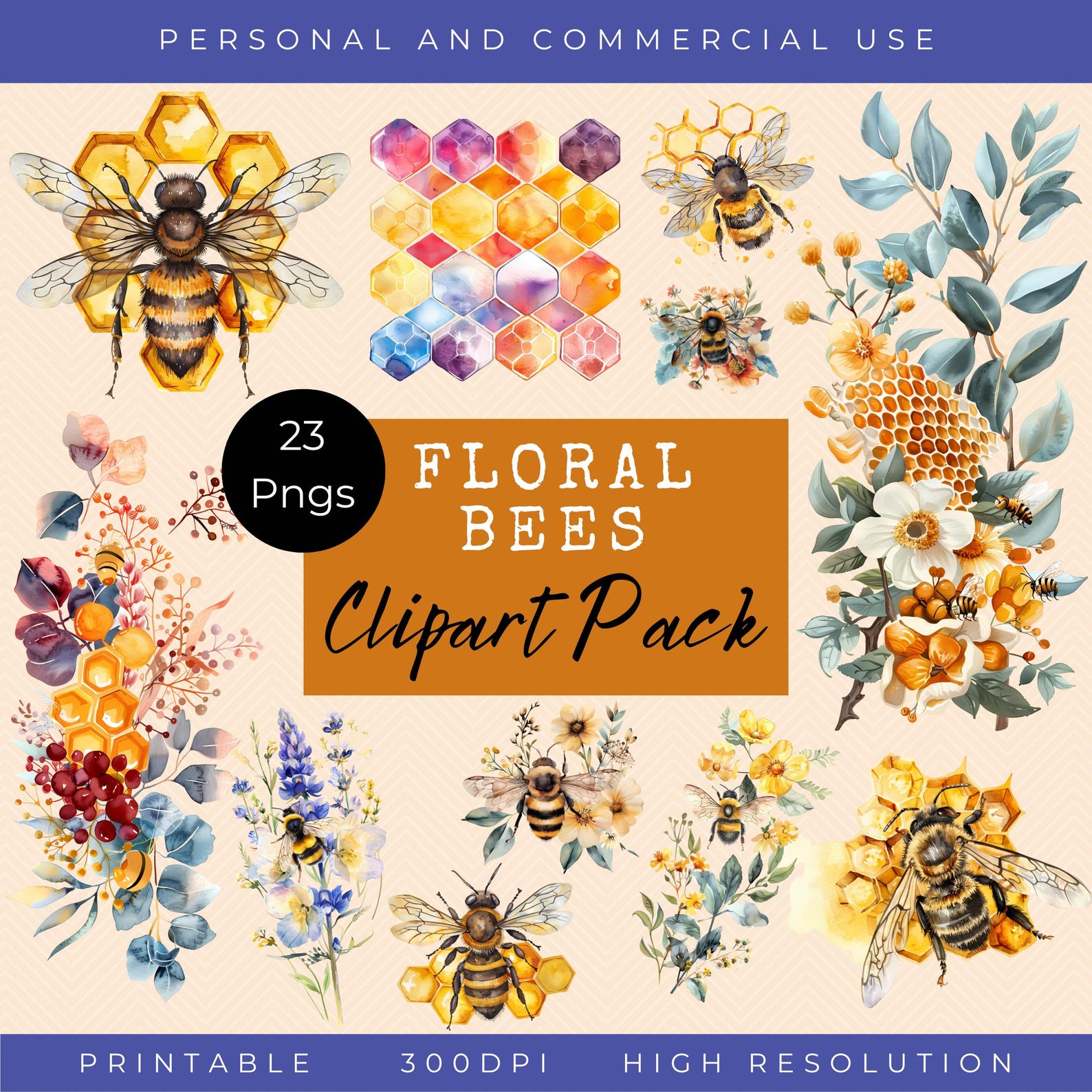 Floral Bees Clipart, Watercolor, Flowers and Bees, Honey Bee Clipart ...