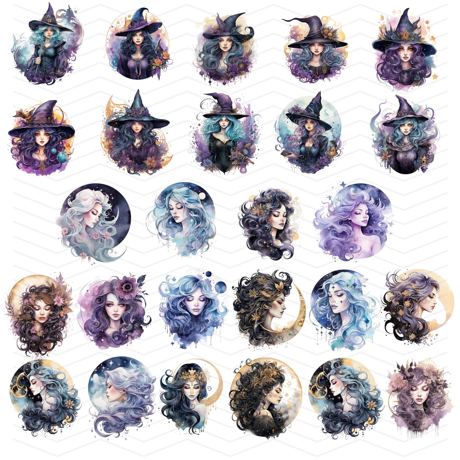 Mystical Moon Witchcraft Clipart Bundle, Purple and Aqua Witch Clipart ...