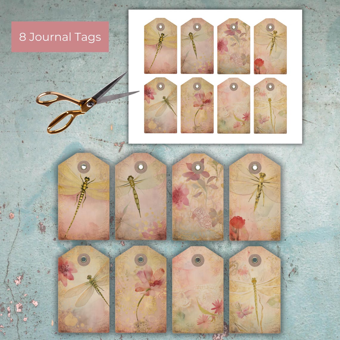 Golden Dragonflies Junk Journal Kit, Journal Pages, Vintage Floral ...
