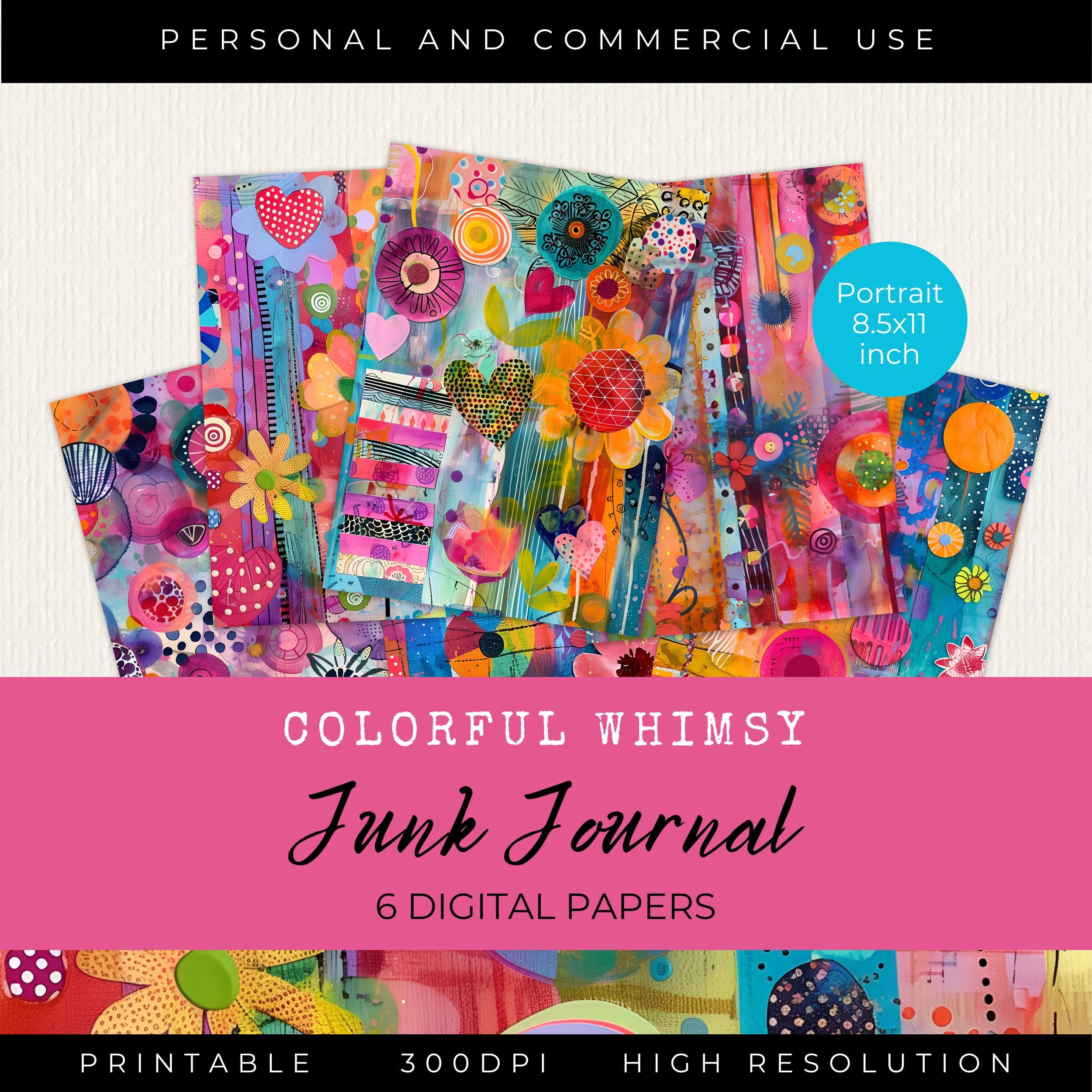 Colorful Whimsy Junk Journal Digital Paper, Half Journal Pages, Mixed ...