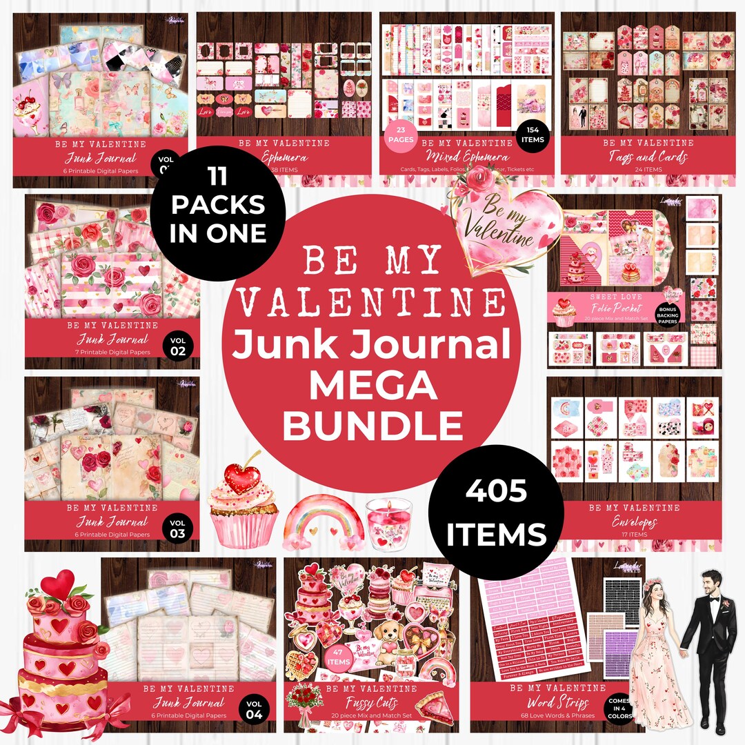Be My Valentine Junk Journal Mega Bundle, Romantic Valentine Papers ...