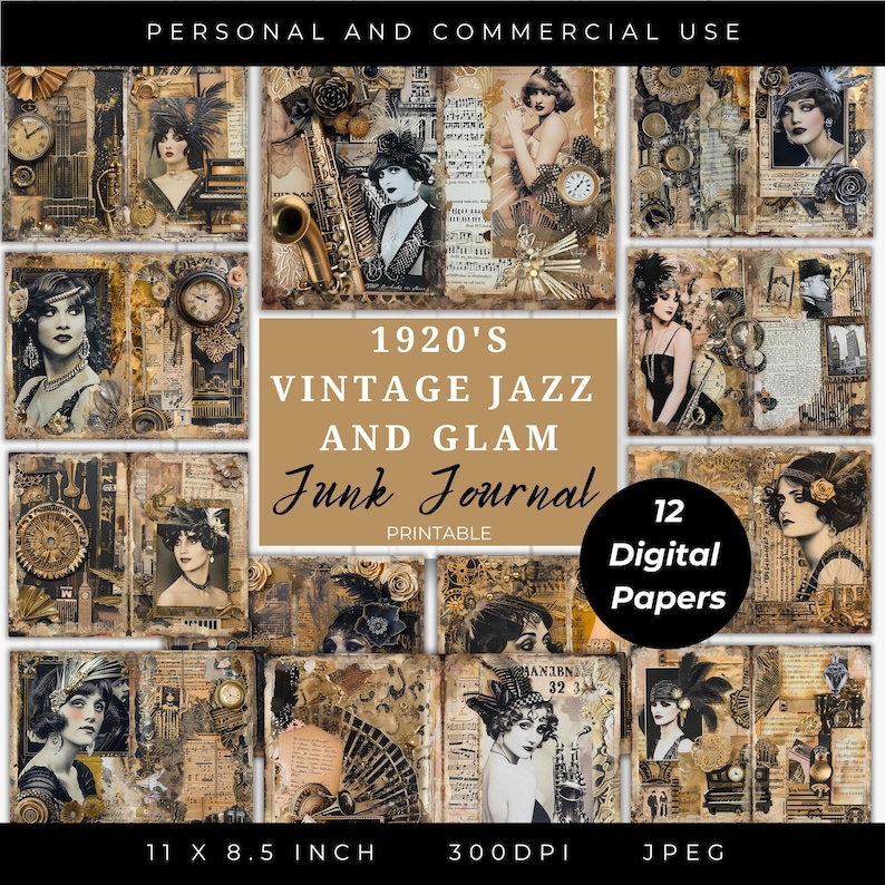 1920s Vintage Jazz Glam Junk Journal Paper, Black and Gold, Flapper ...