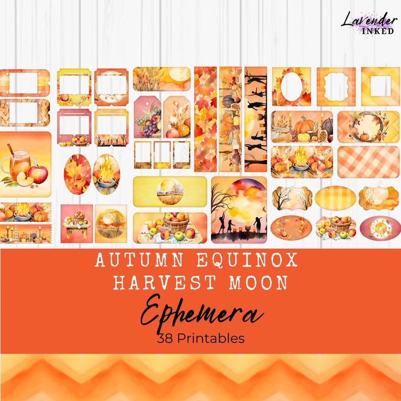 Autumn Equinox Harvest Moon, Junk Journal Ephemera Cards, 38 Mini ...