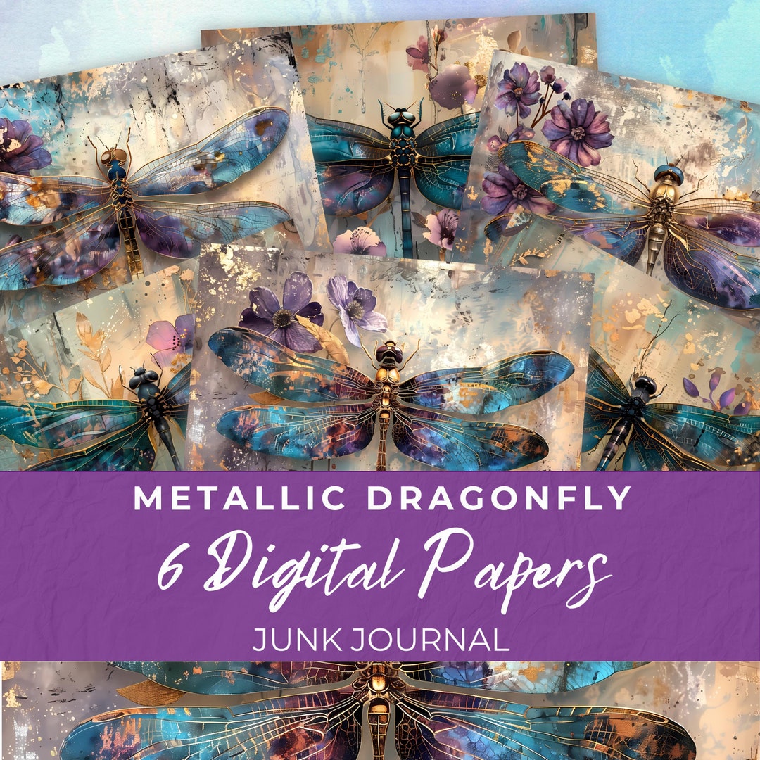 Metallic Dragonfly Digital Papers, Junk Journal Pages, Paper Craft ...