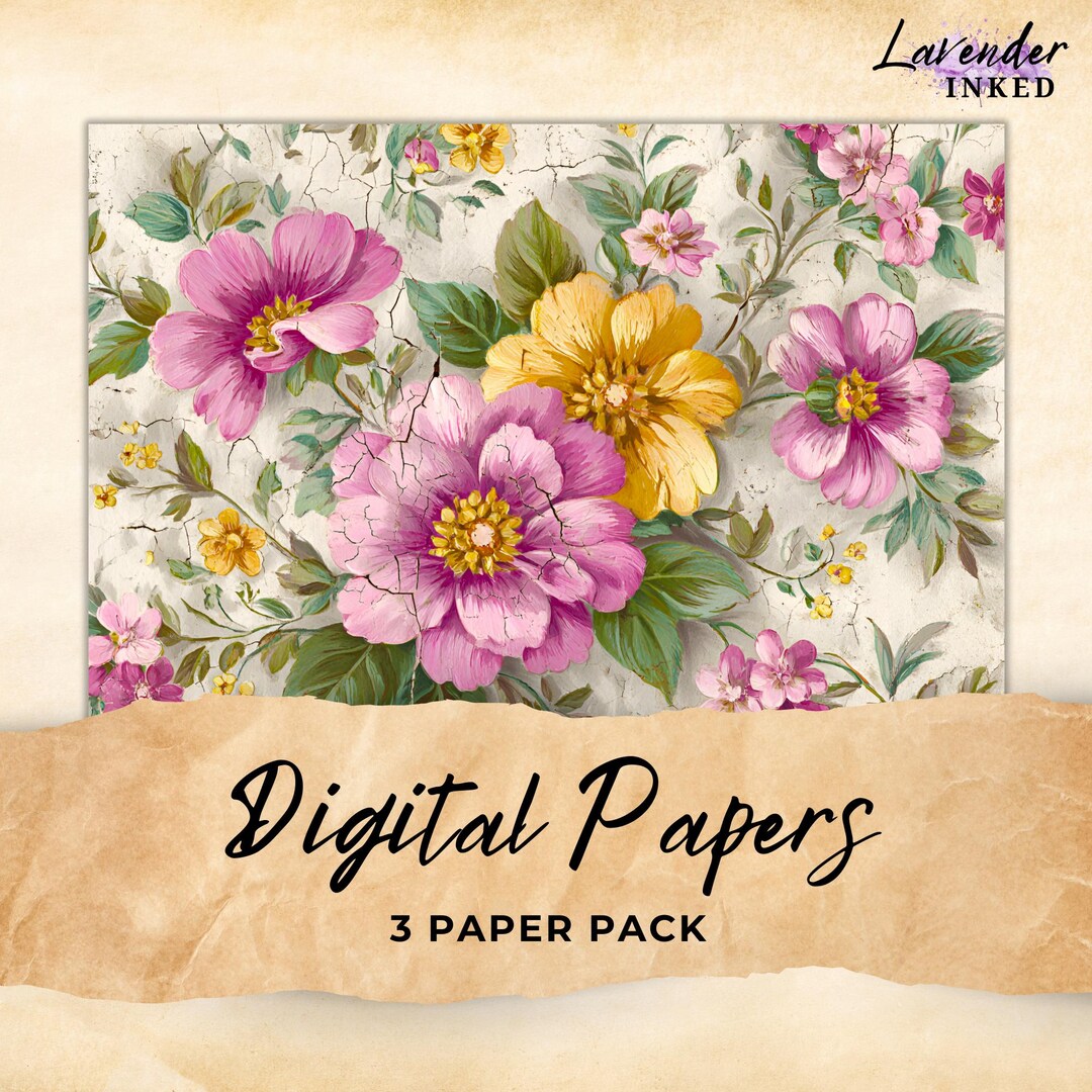 Antique Floral Wallpaper Digital Paper, Pink Peonies & Yellow Flower, 3 ...