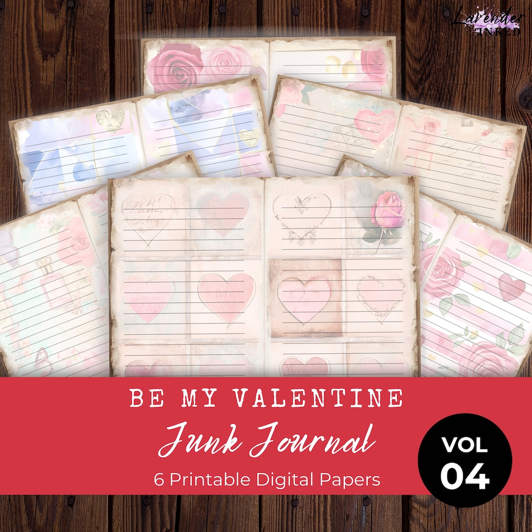 Valentine Junk Journal Papers, Digital Journal Pages, Hearts Roses ...