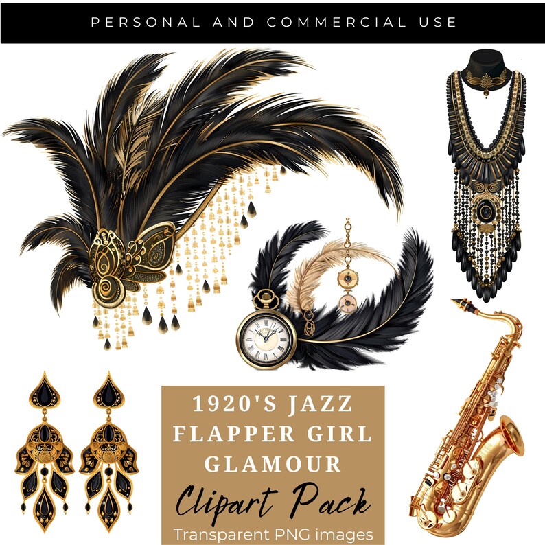 1920s Vintage Jazz Glam Clipart, Clip Art, Black and Gold, Flapper ...