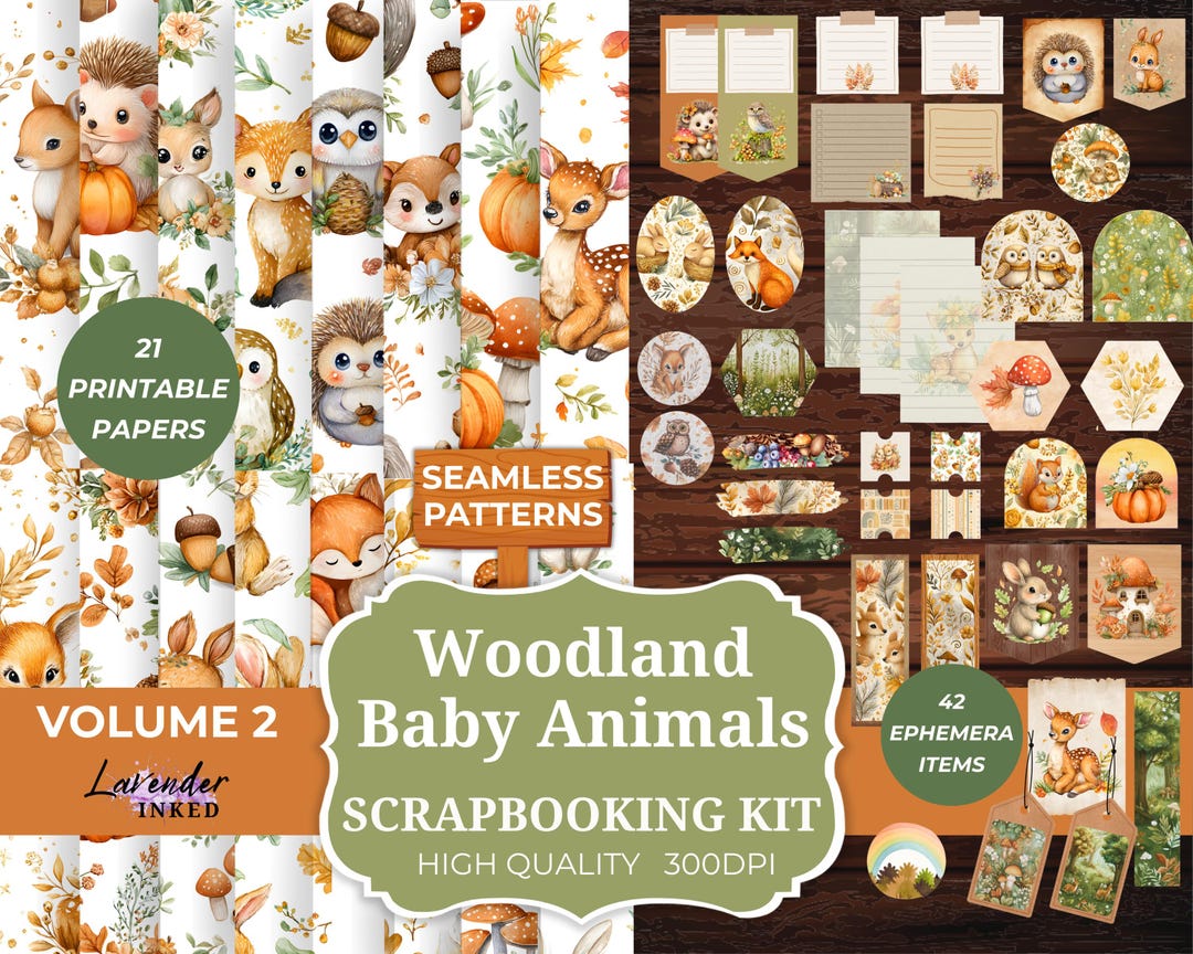 Woodland Baby Animals Printable Scrapbooking Kit, Digital Papers ...