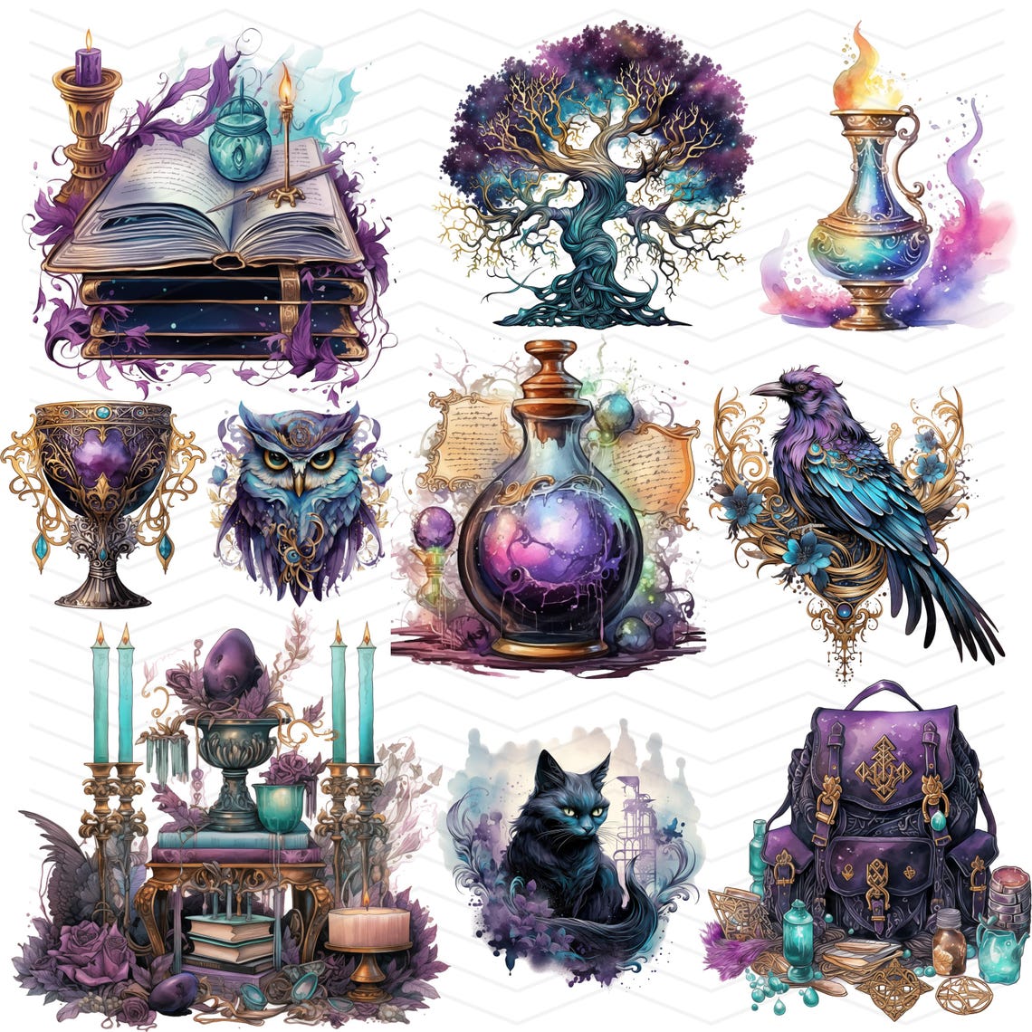 Mystical Moon Witchcraft Clipart, Witch Clipart, Purple and Aqua Witch ...
