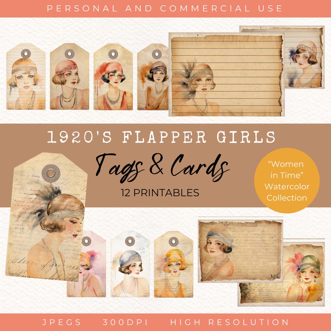 1920s Flapper Girls, Junk Journal. Tags, Cards, Printable Ephemera ...