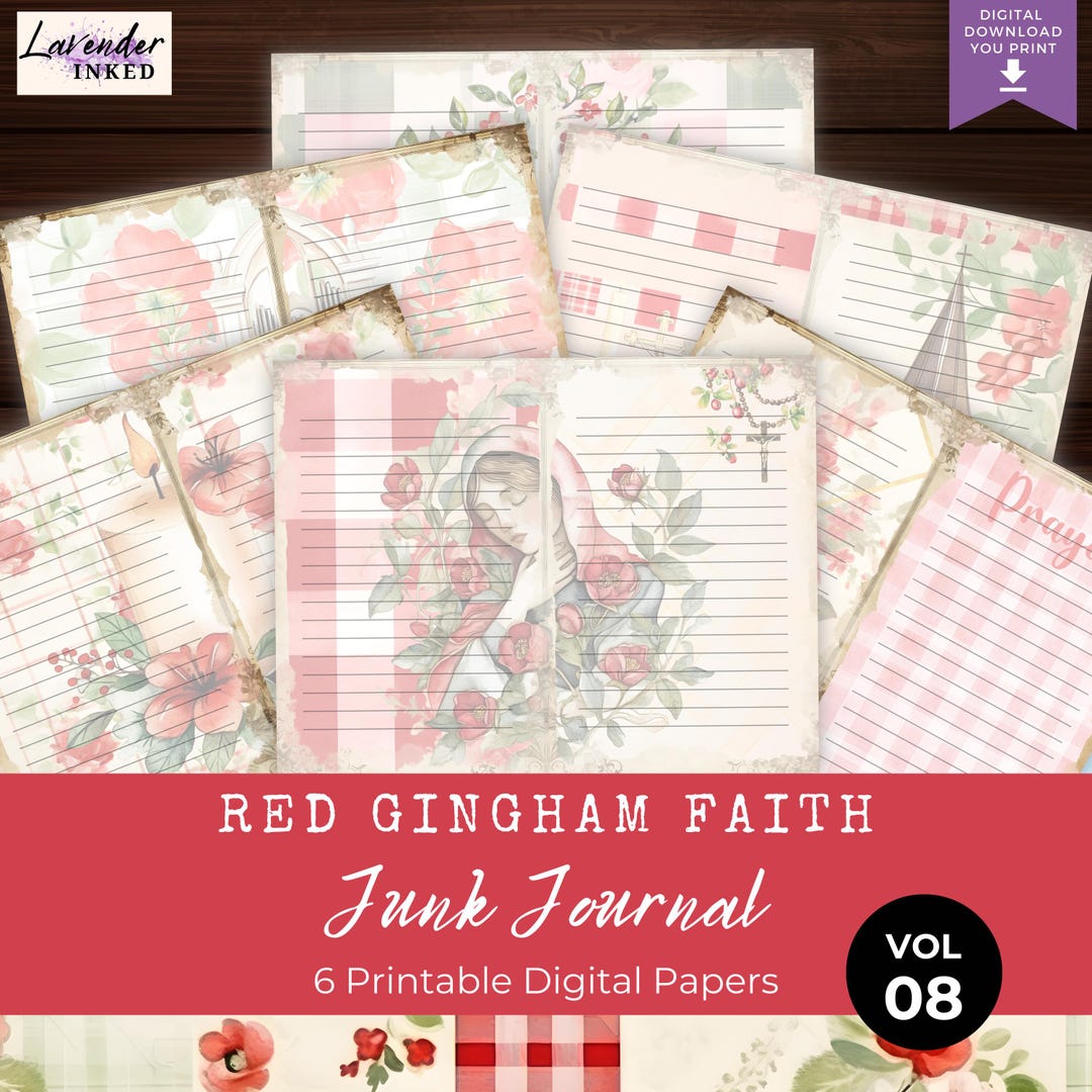Red Gingham Faith Junk Journal Papers, Lined Journal Pages, Printable ...