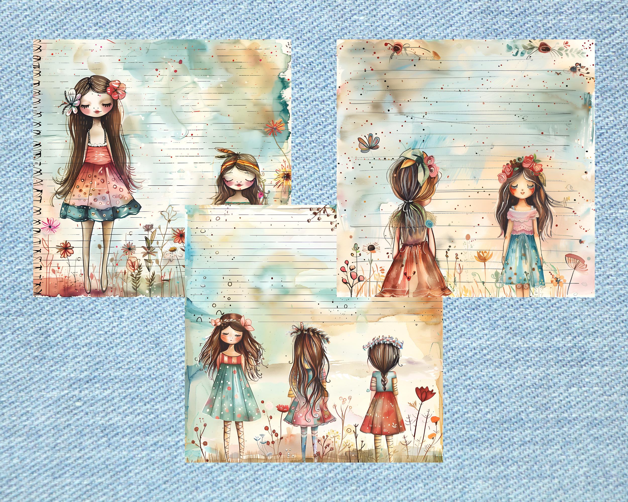Whimsical Flower Girls Digital Paper, Dreamy Watercolor, Floral ...