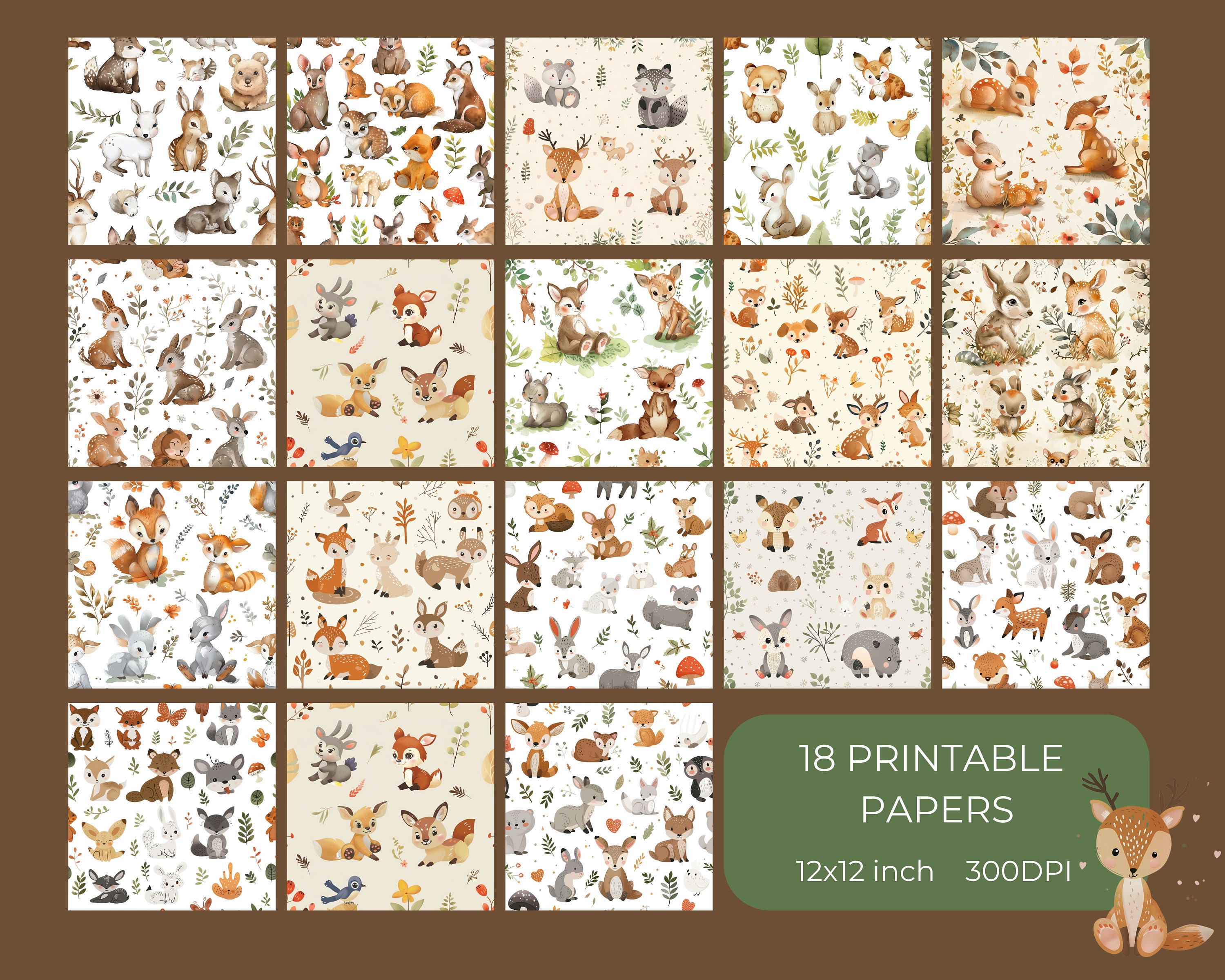 Woodland Baby Animals Printable Scrapbook Paper, Ephemera, Digital ...