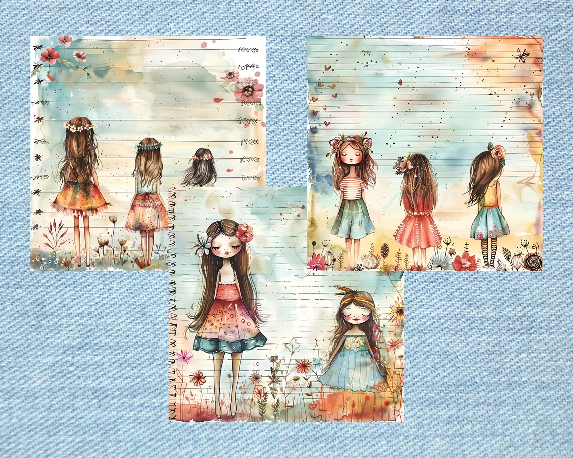 Whimsical Flower Girls Digital Paper, Dreamy Watercolor, Floral ...
