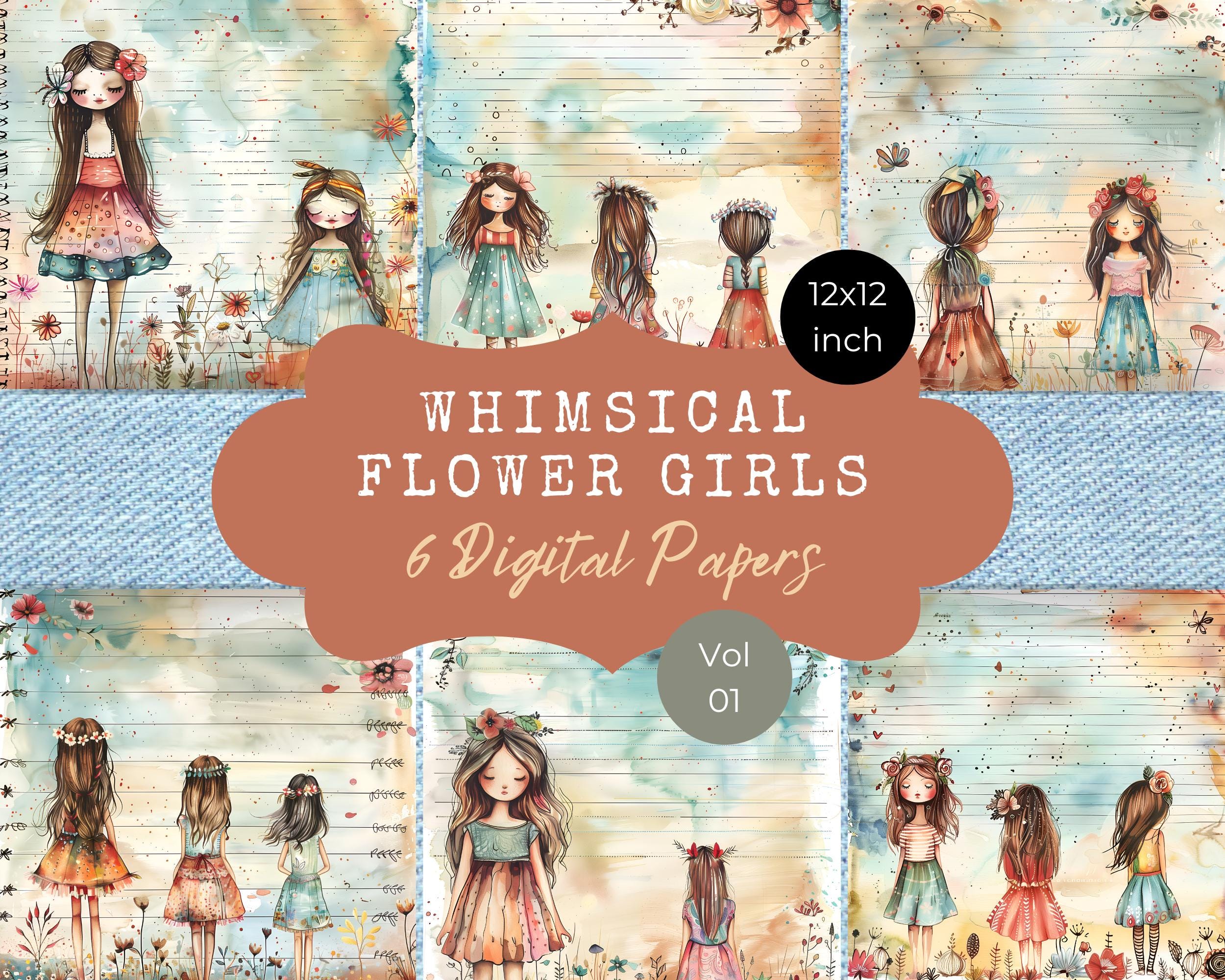 Whimsical Flower Girls Digital Paper, Dreamy Watercolor, Floral ...