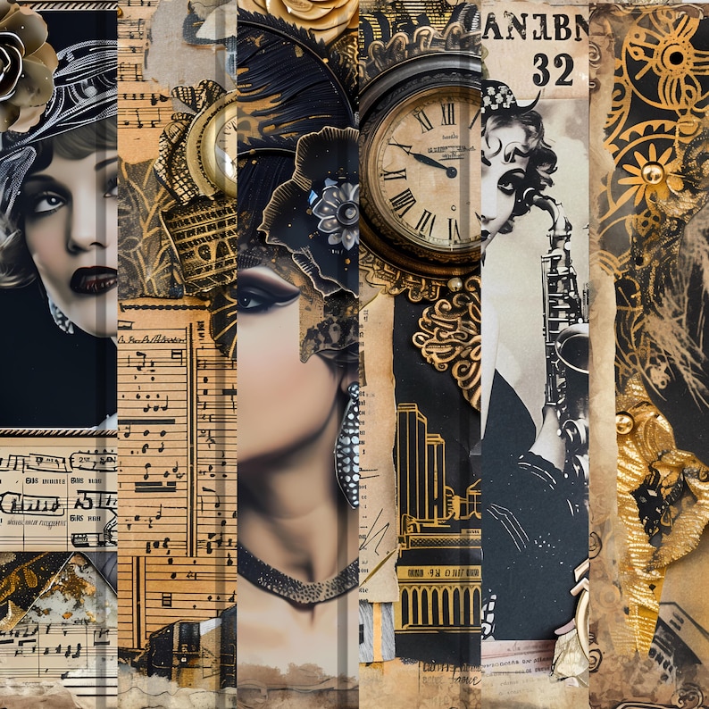 1920s Vintage Jazz Glam Junk Journal Paper, Black and Gold, Flapper ...