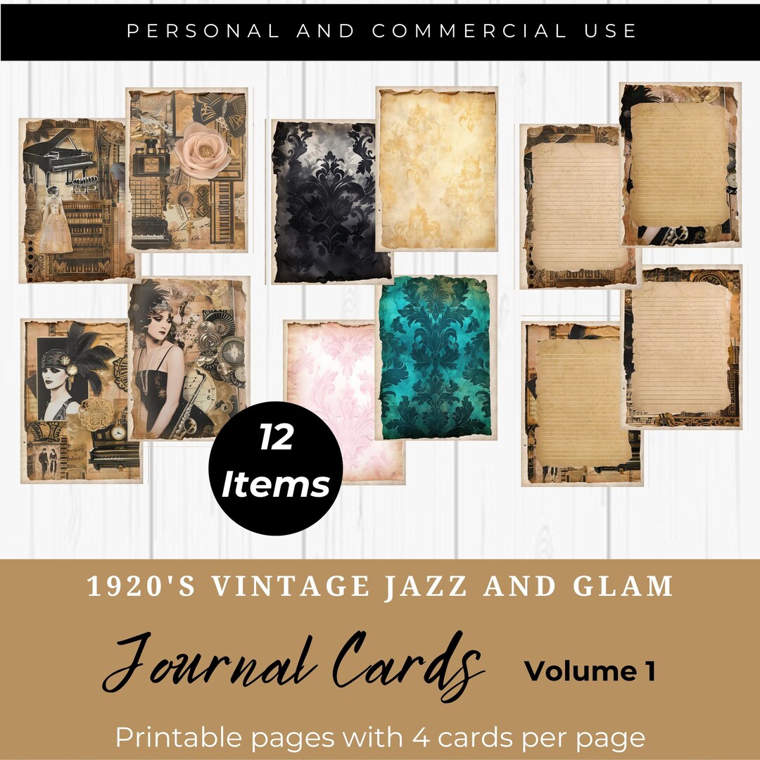 1920s Vintage Jazz Glam Junk Journal Cards, Printable Ephemera, Flapper ...
