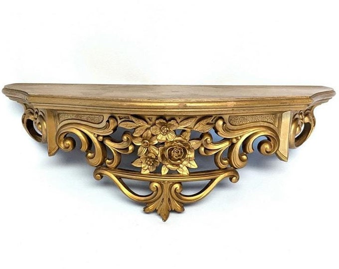 Vintage Wall Mounted Shelf With Gold Painted Wood Surface & Ornate ...