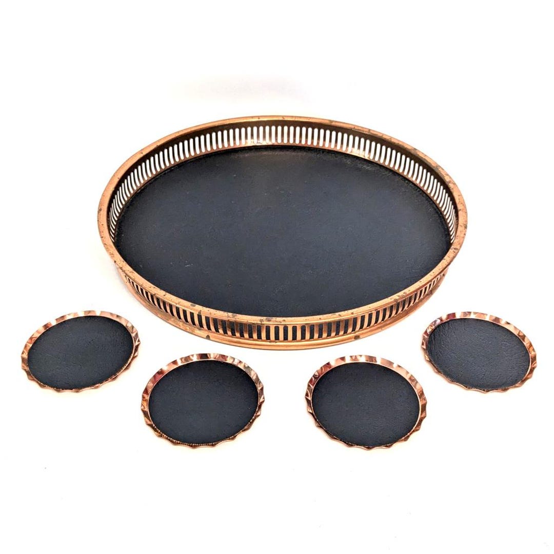 Vintage Coppercraft Guild Serving Tray With Black Faux Leather Surface ...