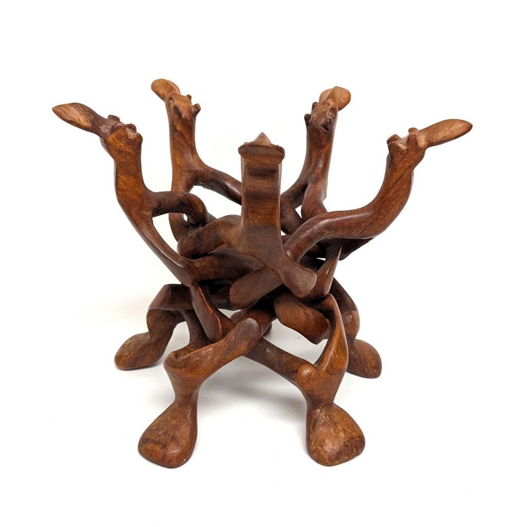 Large Carved Wooden Interlocking Puzzle Stand With Camel Heads for ...