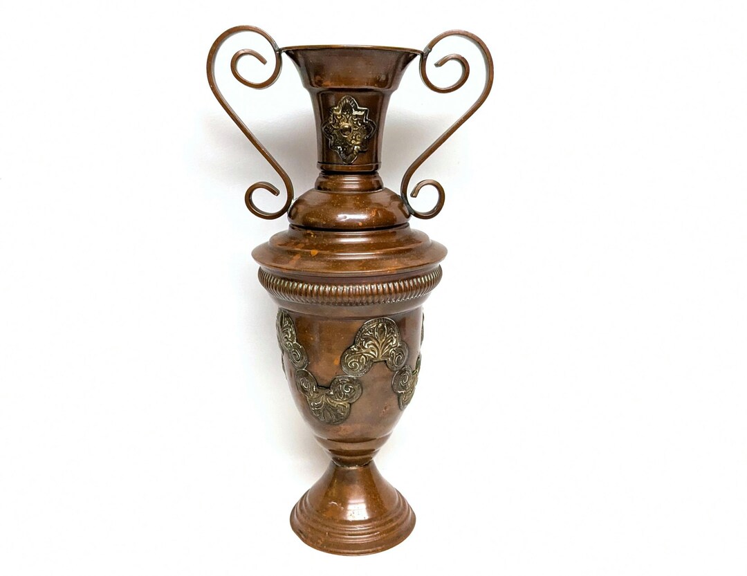 Large Vintage Copper Vase With Handles & Decorative Embossed Brass ...