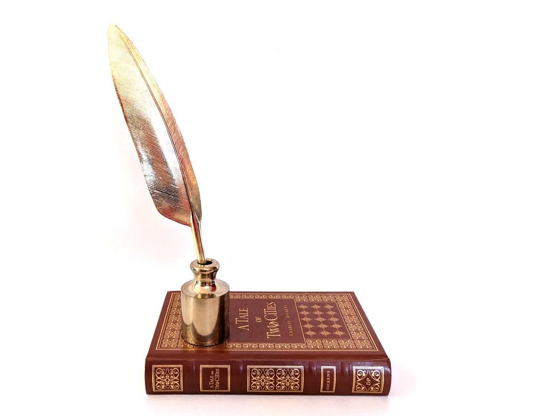 Vintage Brass Quill Feather Shaped Ballpoint Pen in Inkwell Shaped ...