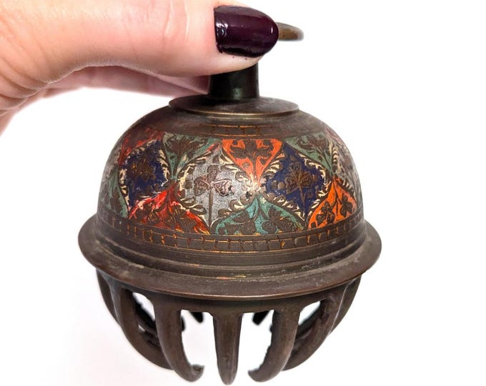 Large Vintage Etched Brass Elephant Claw Bell With Colorful Painted ...