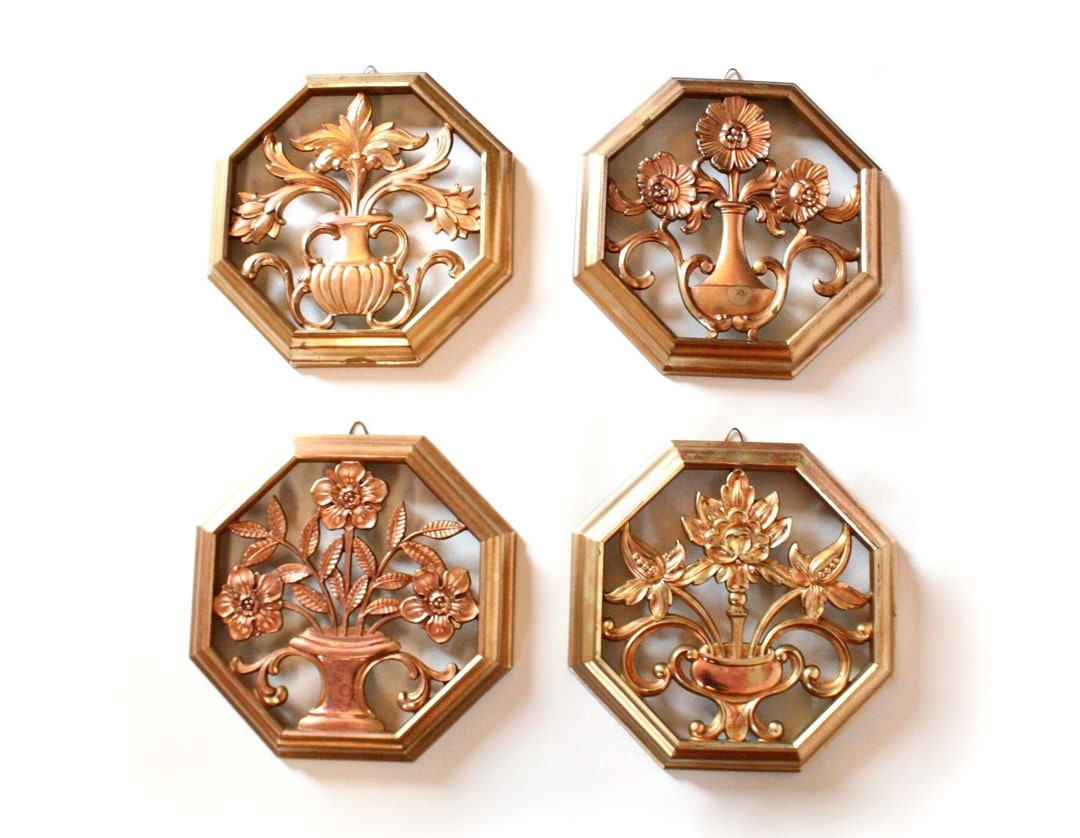 Set of Four Vintage Octagonal Floral Wall Plaques With Gold Colored ...