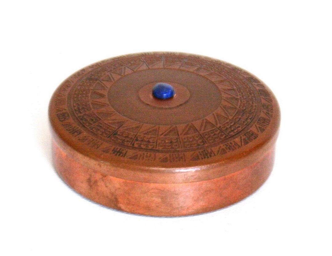 Vintage Small Round Etched Copper Trinket Box With Lapis Lazuli Stone ...
