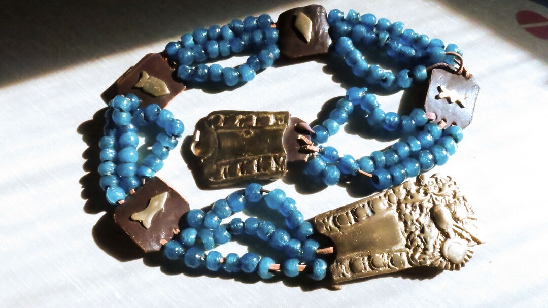 Belt African Ghana Krobo Glass Bodom Bead Leather Brass Buckle 30 Inch ...