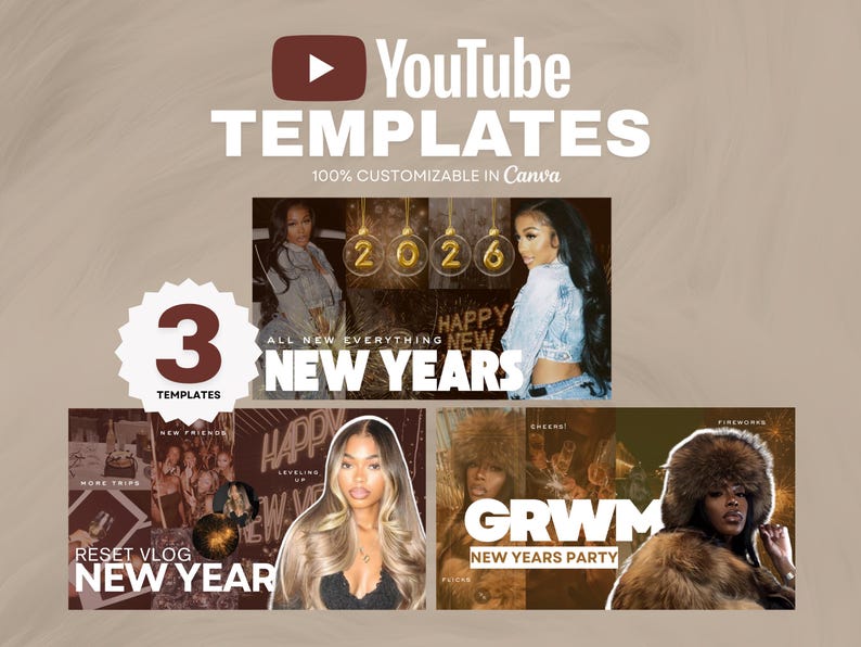 New Year 2026 Youtube Thumbnails & Banners | 3 Editable Canva Templates ...