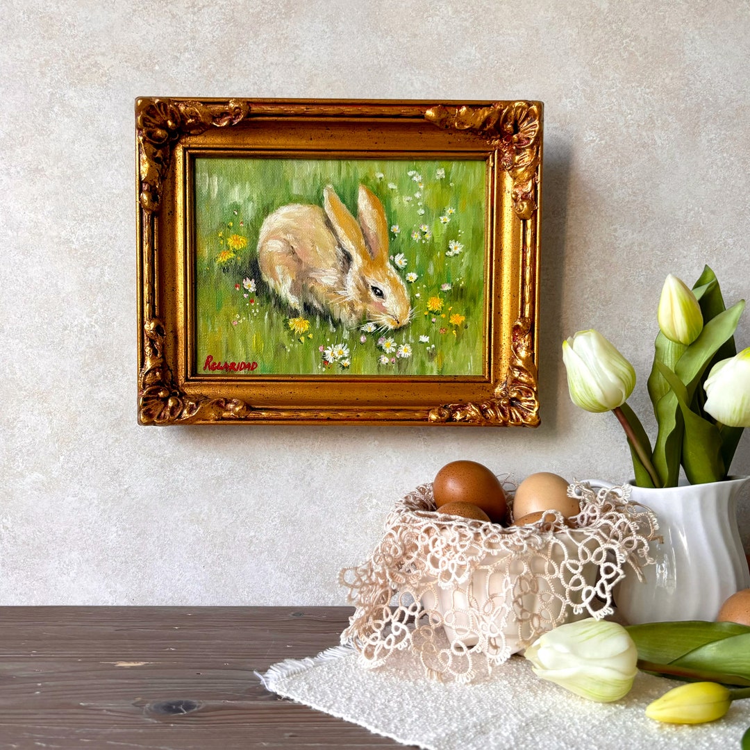 Original Bunny Oil Painting in Antique Gold Wooden Frame - Cute Framed ...