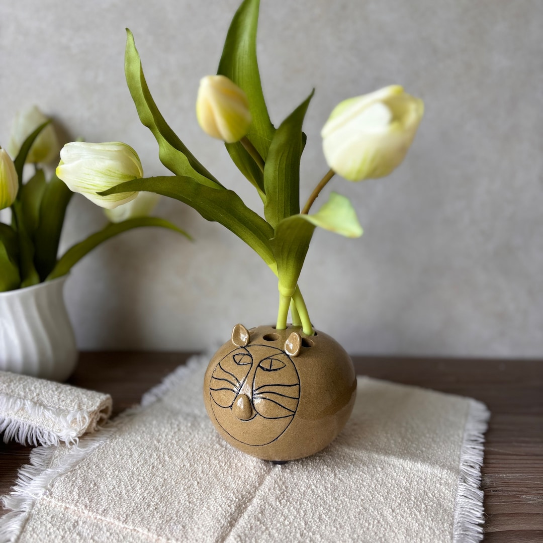 Vintage Studio Pottery Cat Vase, Signed Ceramic Flower Frog - 1982 - Etsy