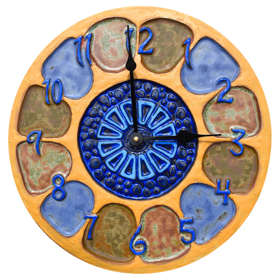 Diatom Design Ceramic Art Wall Clock in Yellow & Blue Glazes (13 ...