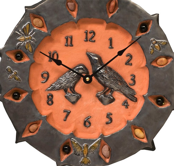 Items similar to Ravens Ceramic Wall Clock in Terracotta Clay with ...