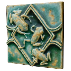 Frogs Ceramic Art Sculpted Tile in Rainforest Green Glaze -6 Inches X 6 ...