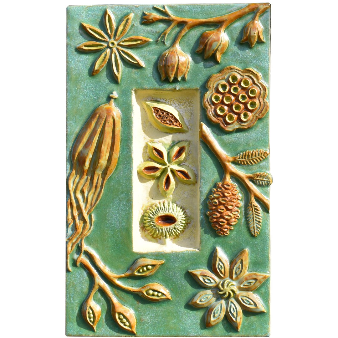 Botanical Seed Pods Ceramic Art Wall Sculpture Tile in Patina, Cream ...