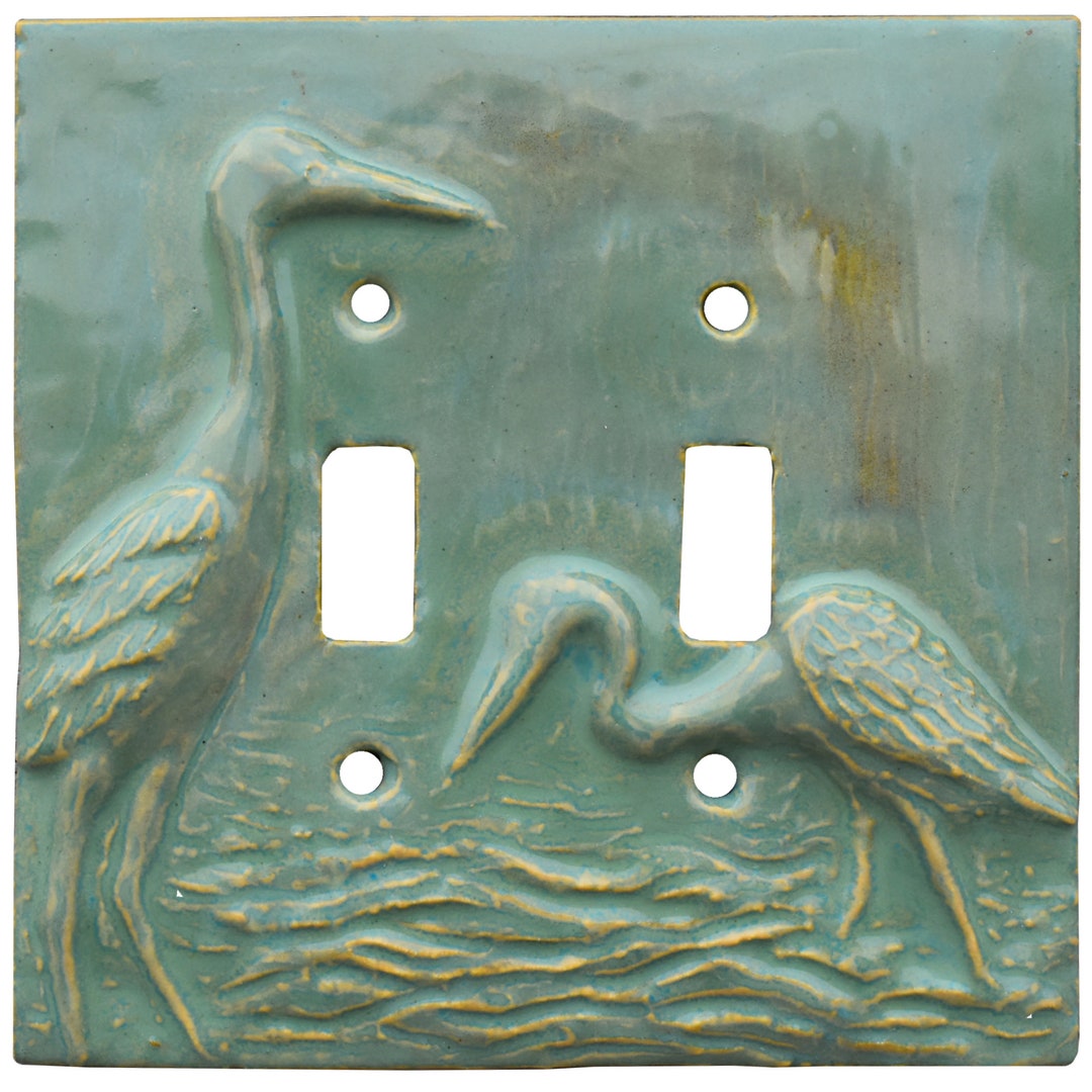 Egrets Ceramic Double Toggle Light Switch Cover in Antique Teal Glaze ...