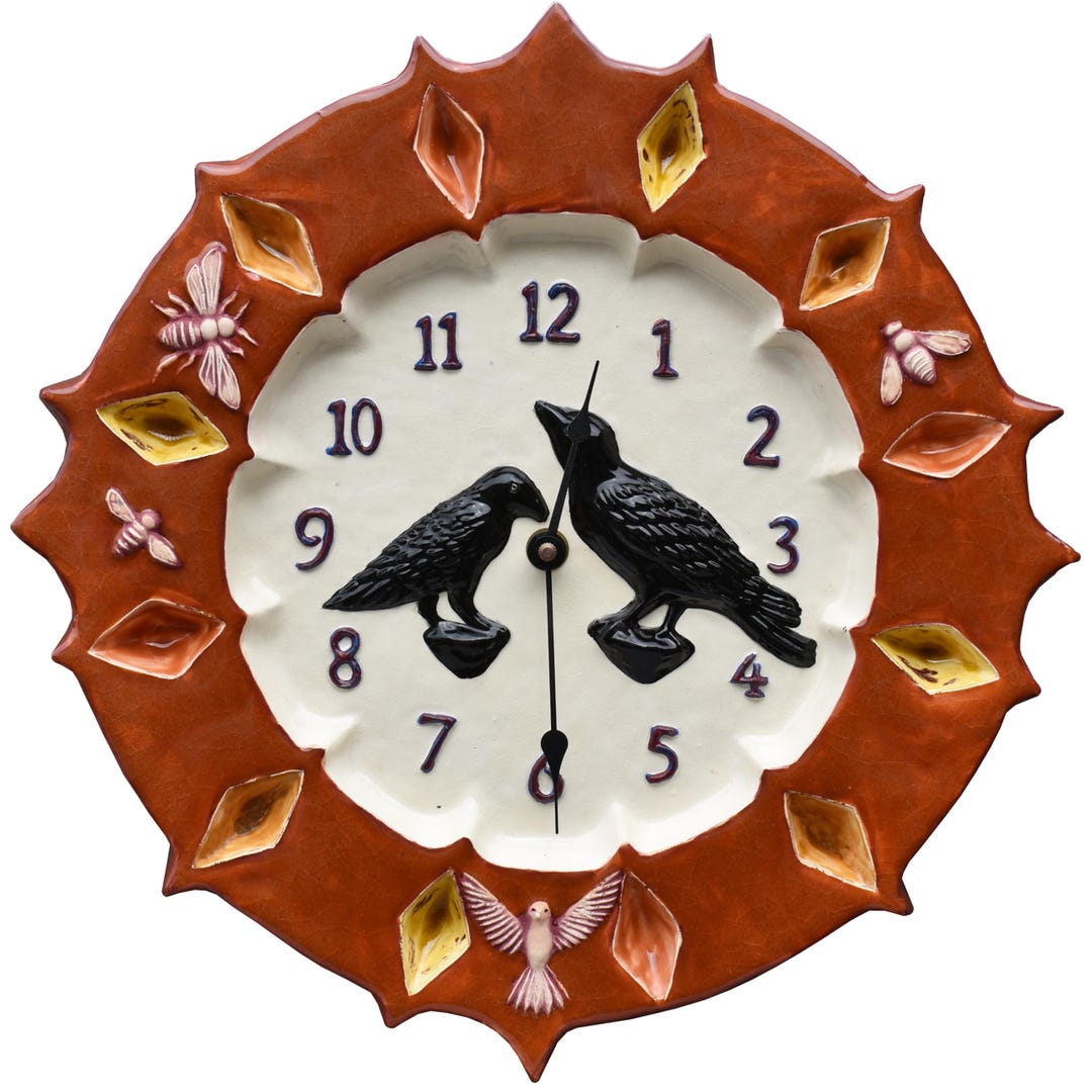 Ravens Ceramic Art Wall Sculpture Clock in Persimmon and Maroon Glaze ...