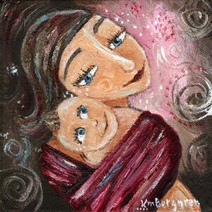 ORIGINAL OOAK ARTWORK Mom Wearing Blue Eyed Baby - 6x6 Inch Painting on ...