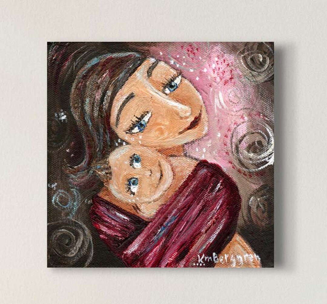 ORIGINAL OOAK ARTWORK Mom Wearing Blue Eyed Baby - 6x6 Inch Painting on ...